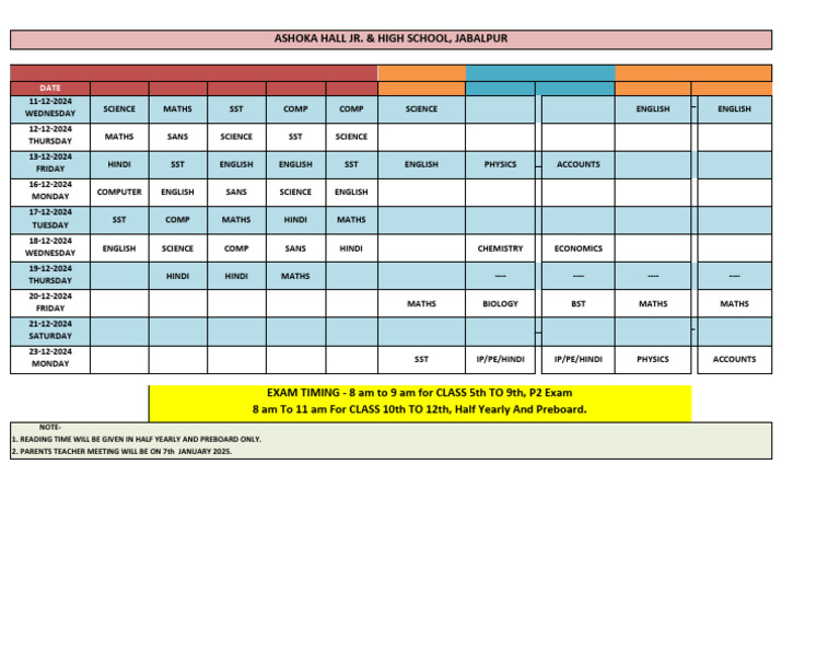 Exam Time Table 2024 | PDF