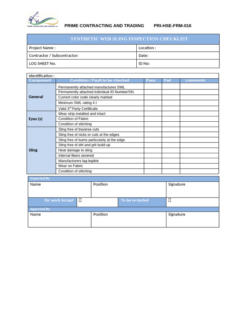 PRI-HSE-FRM-016 Synthetic Web Sling Checklist | PDF