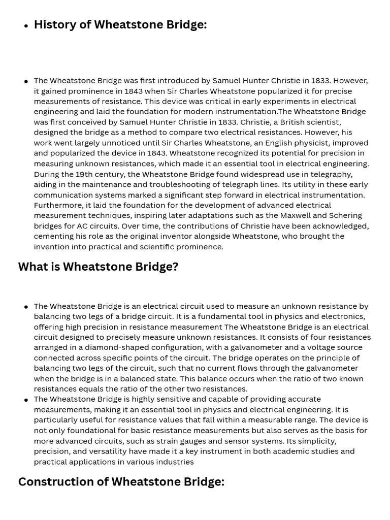 History and Function of Wheatstone Bridge | PDF | Electrical Resistance ...