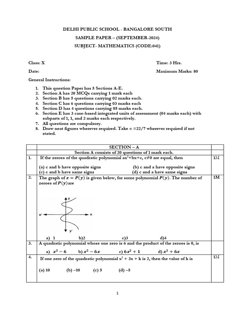 Math Midterm Sample Paper 2024 | PDF | Quadratic Equation | Line (Geometry)