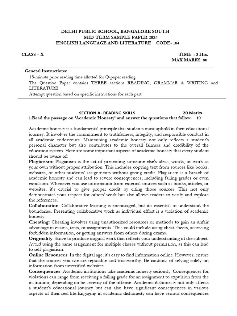 ENGLISH MID-TERM SAMPLE PAPER 2024 | PDF | Academic Dishonesty | Plagiarism