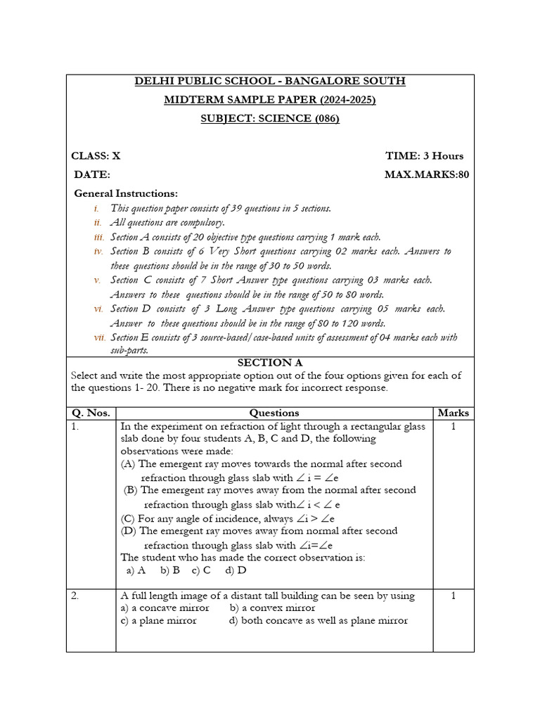 MIDTERM SAMPLE QP-X-2024-25-SCIENCE | PDF MIDTERM SAMPLE QP-X-2024-25-SCIENCE | PDF