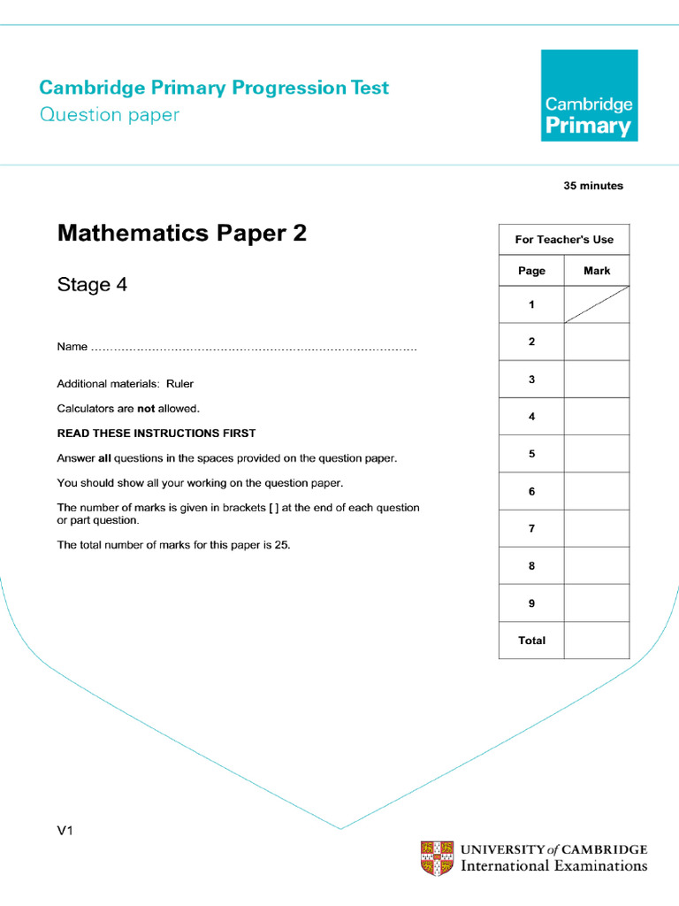 Cambridge Primary Progression Test Stage 4 Math Paper 2 1pdf | PDF