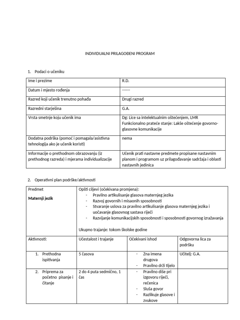 Individualni Prilagođeni Program, 1. | PDF