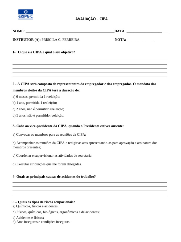 Avaliação sobre CIPA e Segurança do Trabalho | PDF