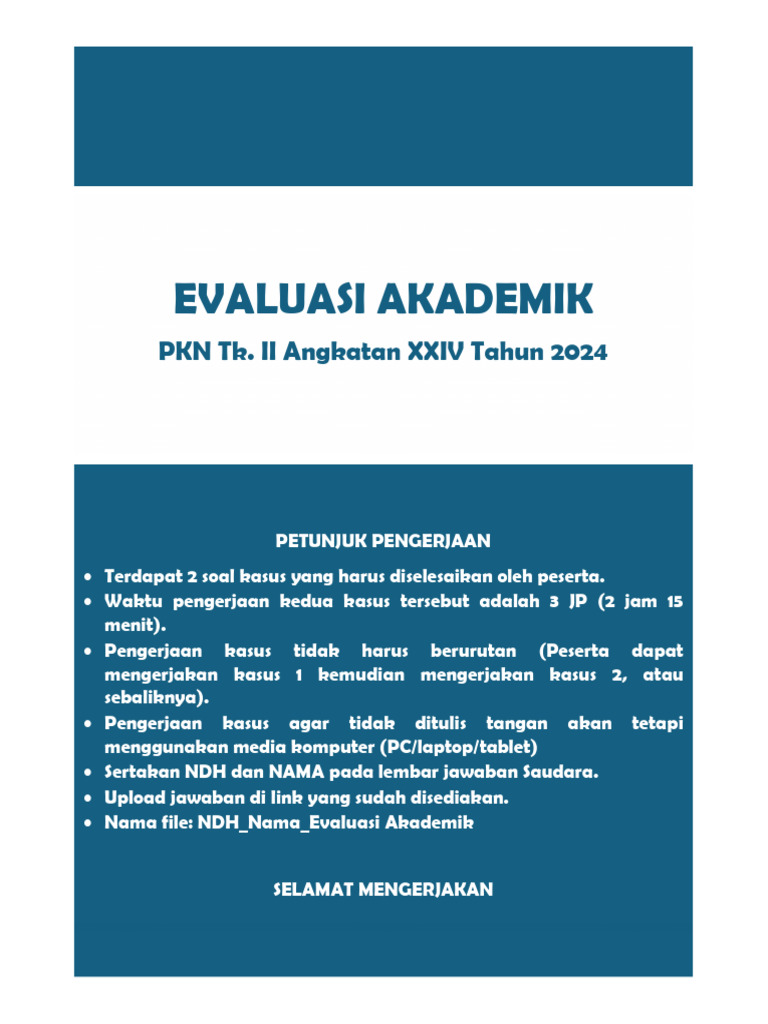 Soal Evaluasi Akademik PKN Tk. II Angkatan XXIV 2024 | PDF