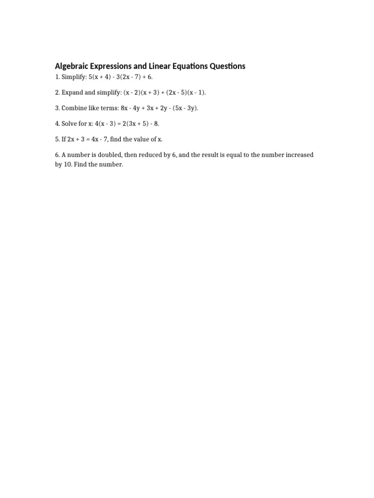 Algebraic Expressions & Equations Quiz | PDF