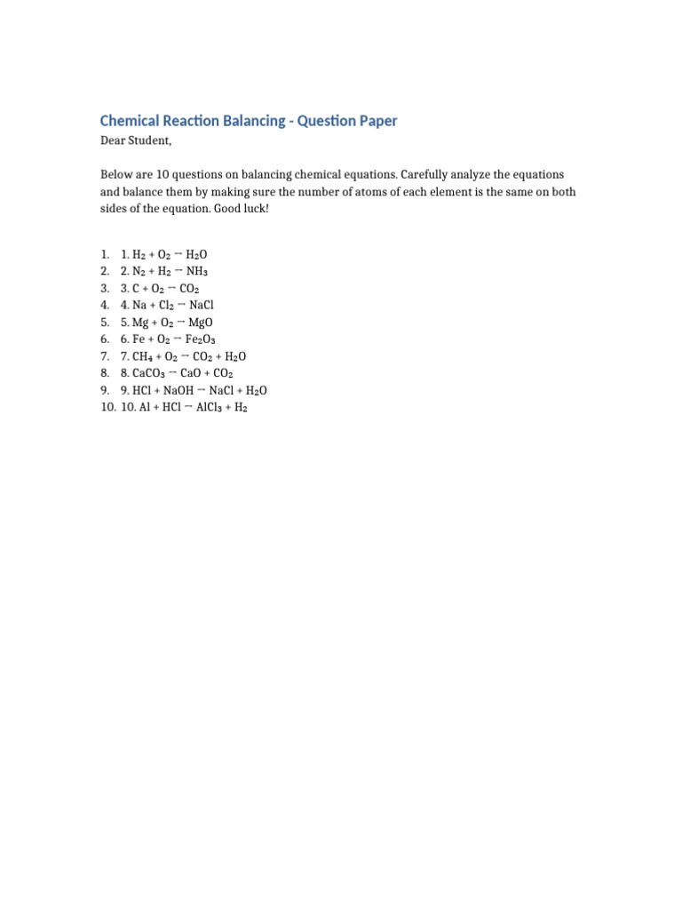 Chemical Reaction Balancing Question Paper | PDF