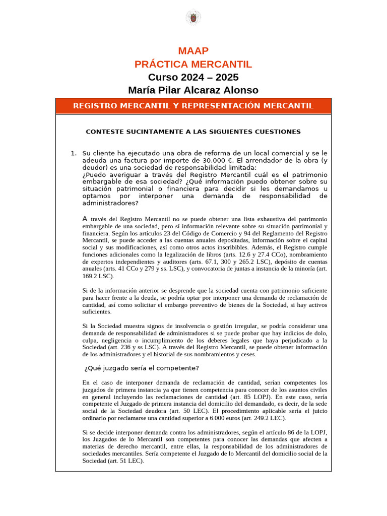 Cuestiones Registro y Representación Mercantil 2024 - 2025 | PDF | Justicia | Crimen y violencia
