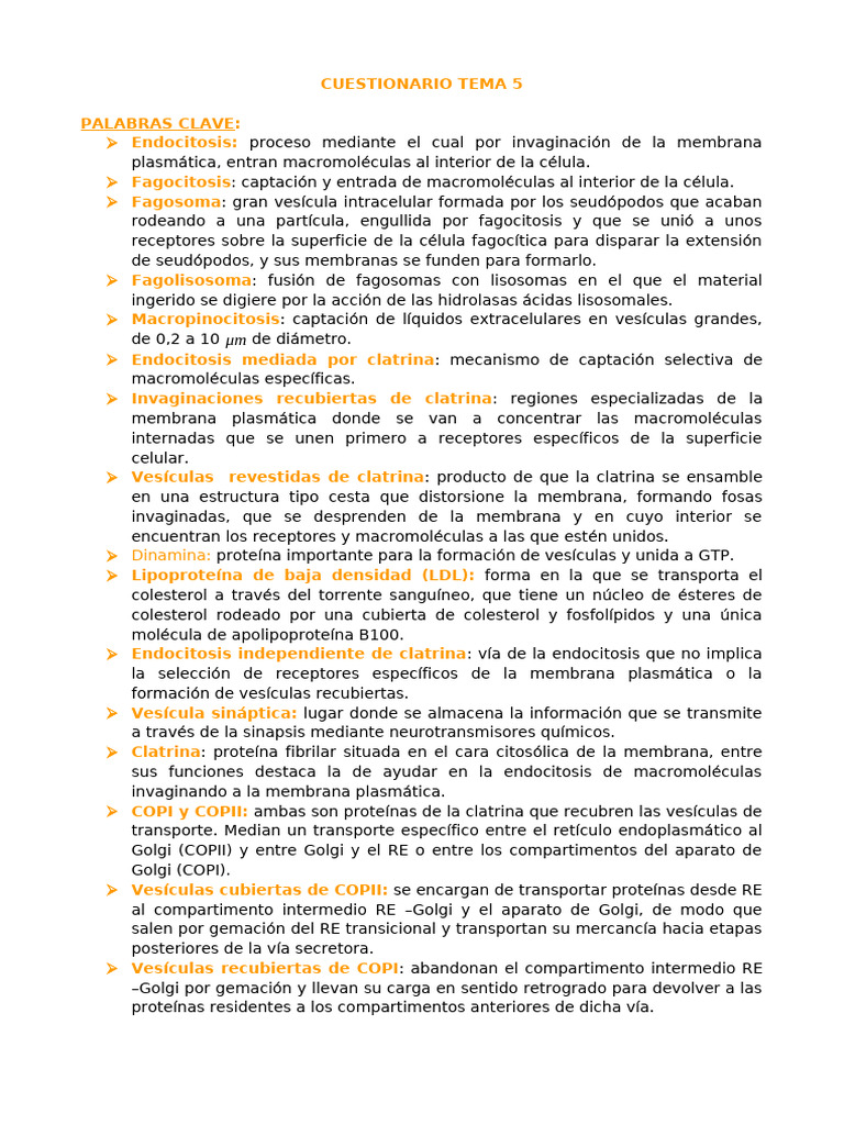 CUESTIONARIO TEMA 5 | PDF | Membrana celular | Bioquímica