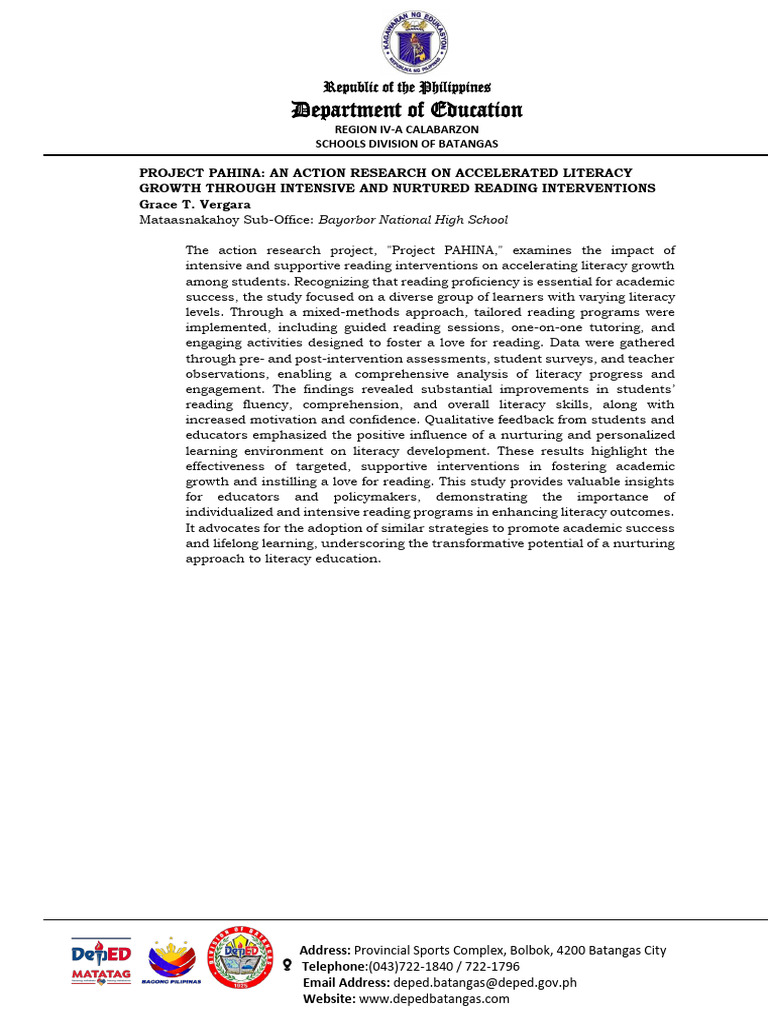 Project Pahina An Action Research On Accelerated Literacy Growth Through Intensive and Nurtured ...