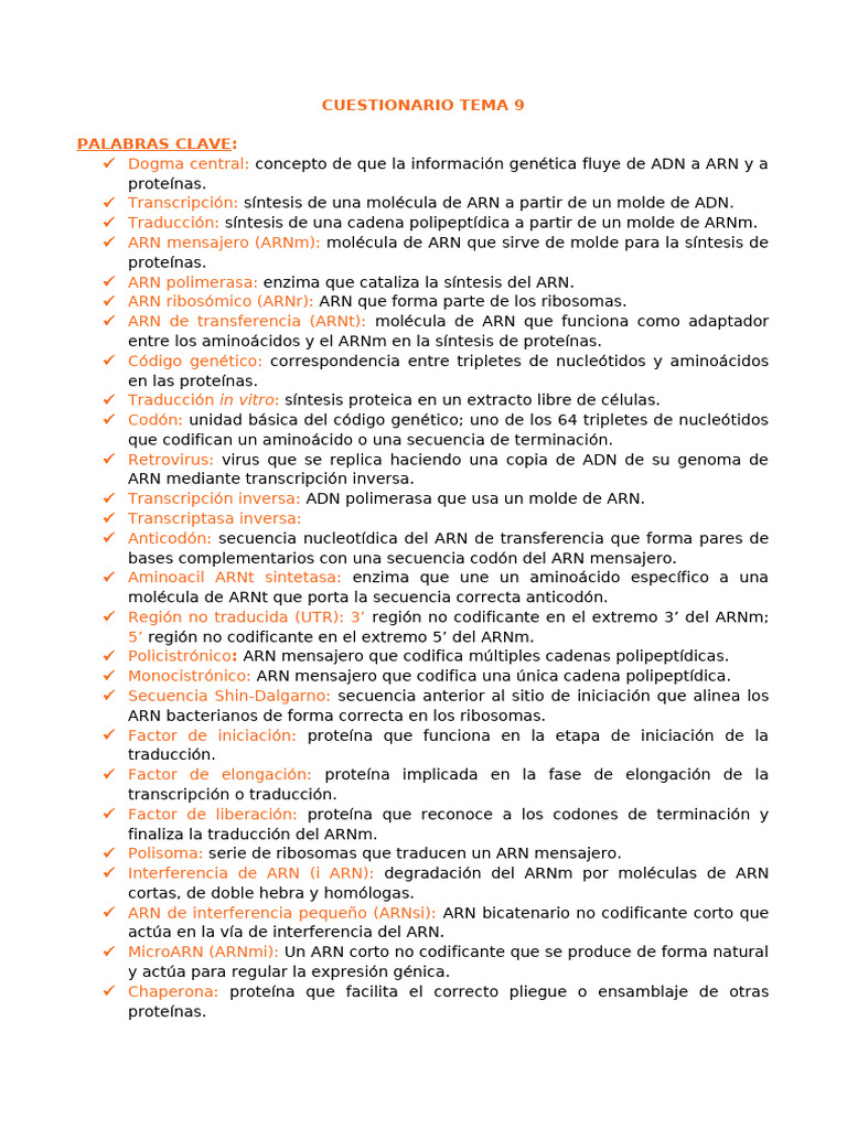 CUESTIONARIO TEMA 9 Biología Celular | PDF | Rna | Traducción (biología)