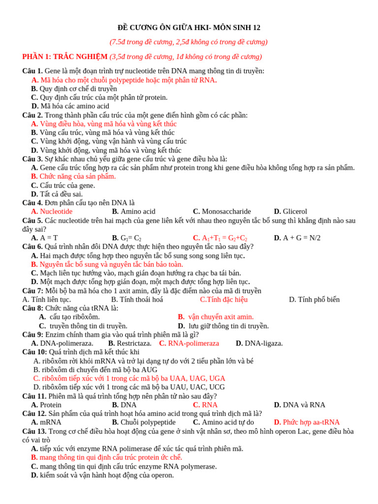 ĐỀ CƯƠNG GIỮA HKI SINH 12 | PDF