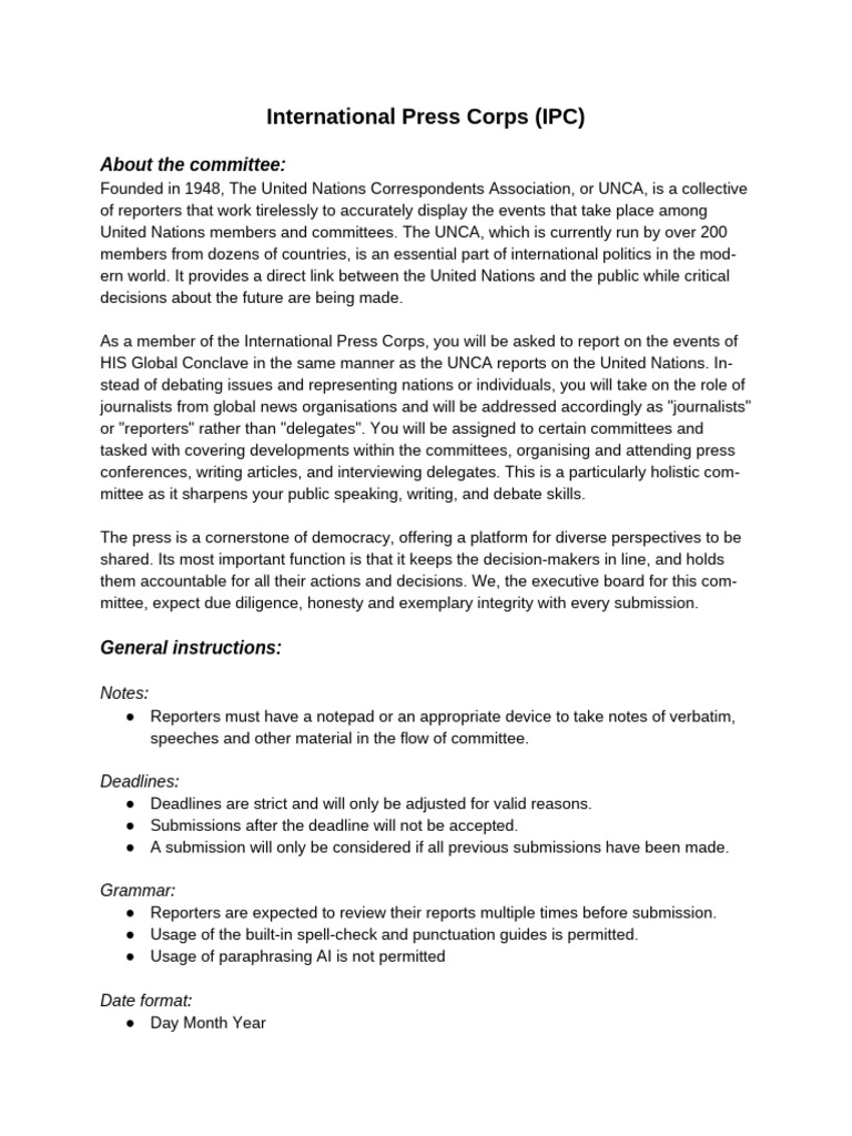 International Press Corps (IPC) Background Guide | PDF | Acronym