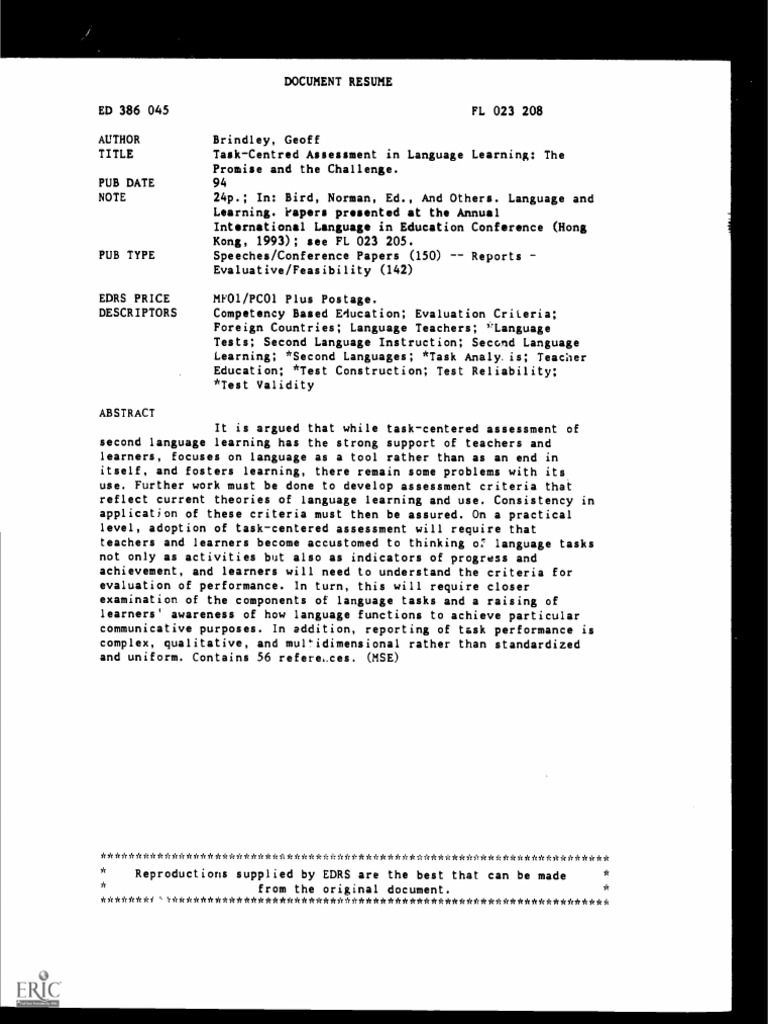 Brindley (1994) - Task-Centred Assessment in Language Learning | PDF | Educational Assessment ...