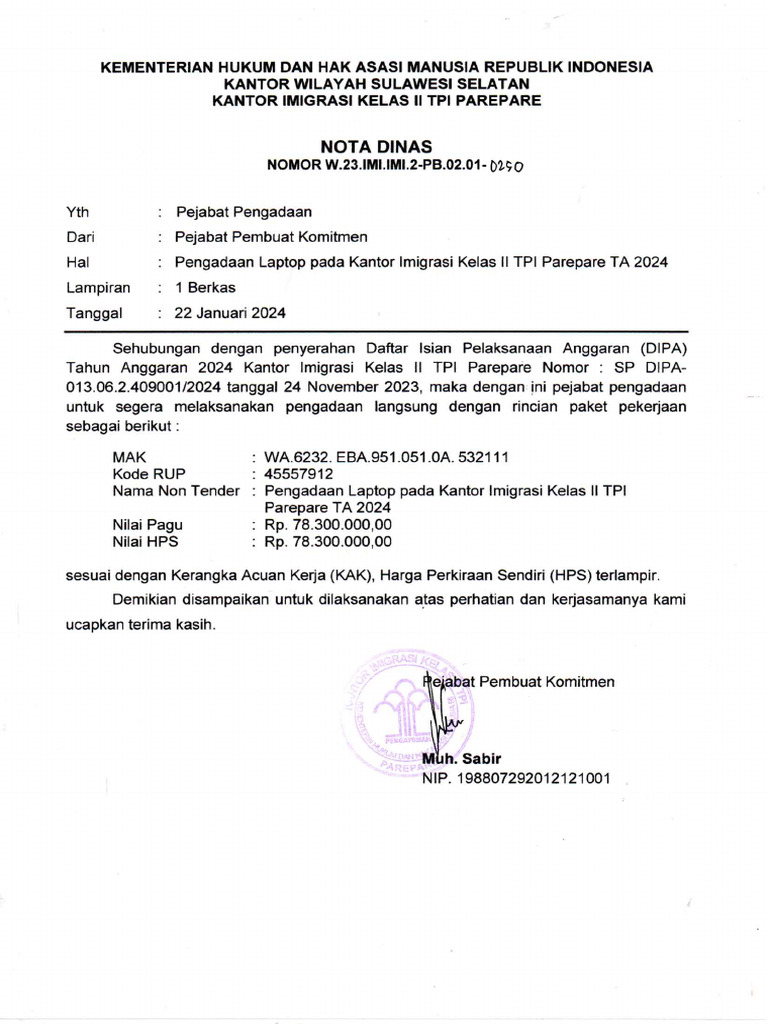 Nota Dinas Pengadaan Laptop | PDF