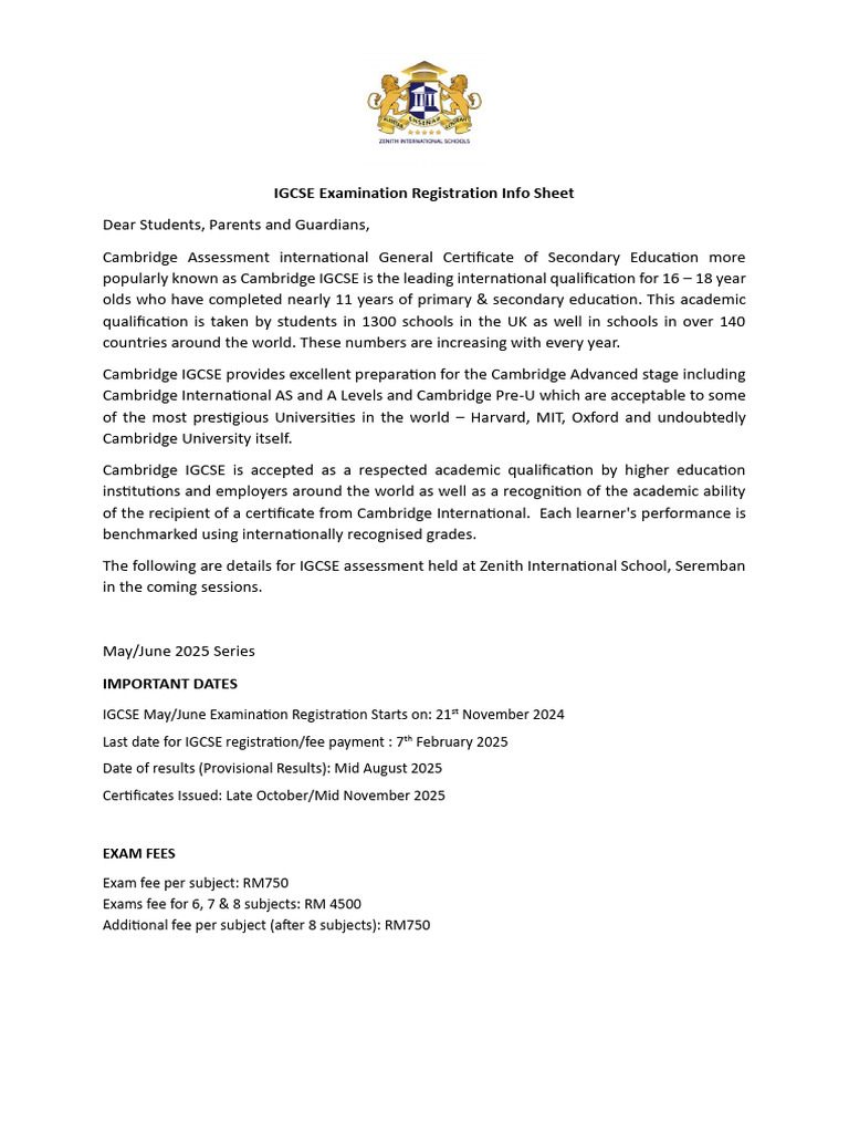 IGCSE Examination Registration Info Sheet: Important Dates | PDF