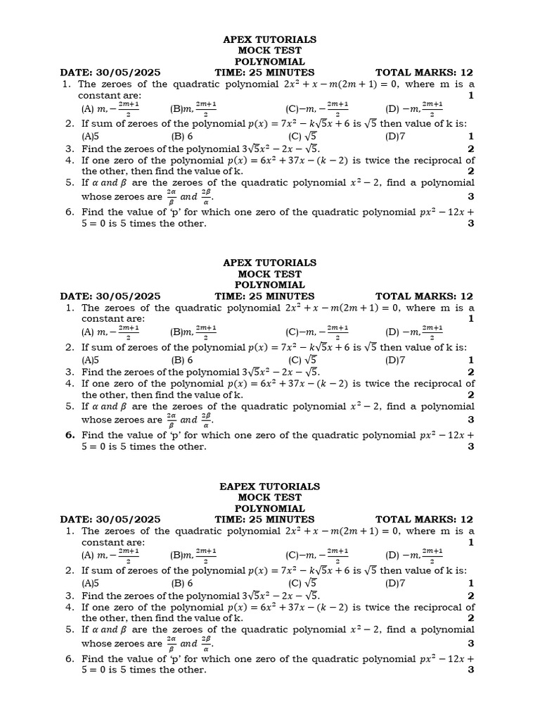 Mock Test Polynomial Pdf Polynomial Zero Of A Function