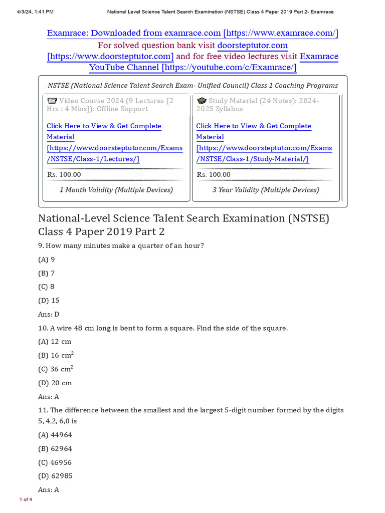 NSTSE Class 4 Paper 2019 Part 2 | PDF