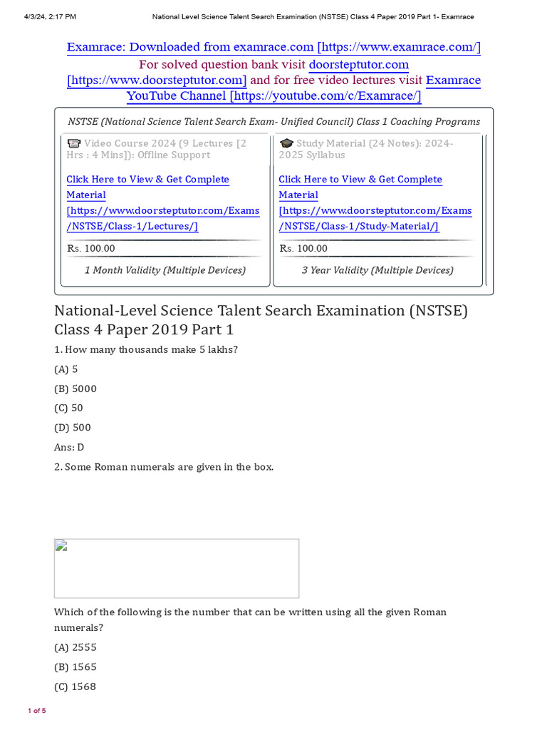 NSTSE Class 4 Paper 2019 Part 1 | PDF