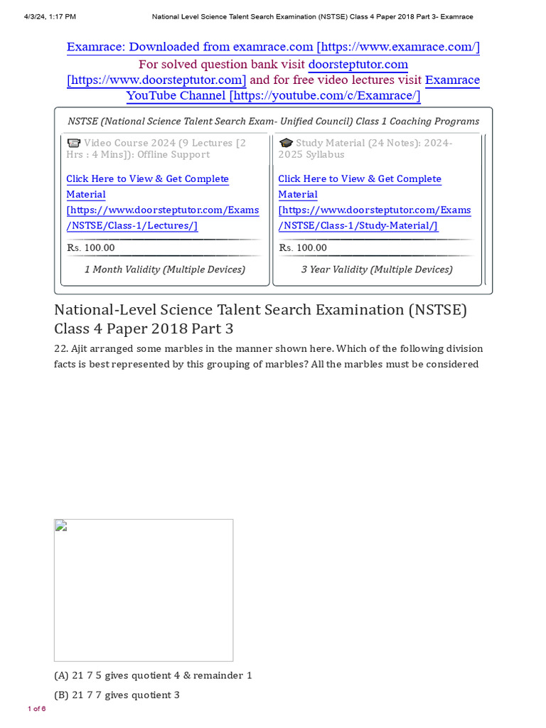 NSTSE Class 4 Paper 2018 Part 3 | PDF | Tooth