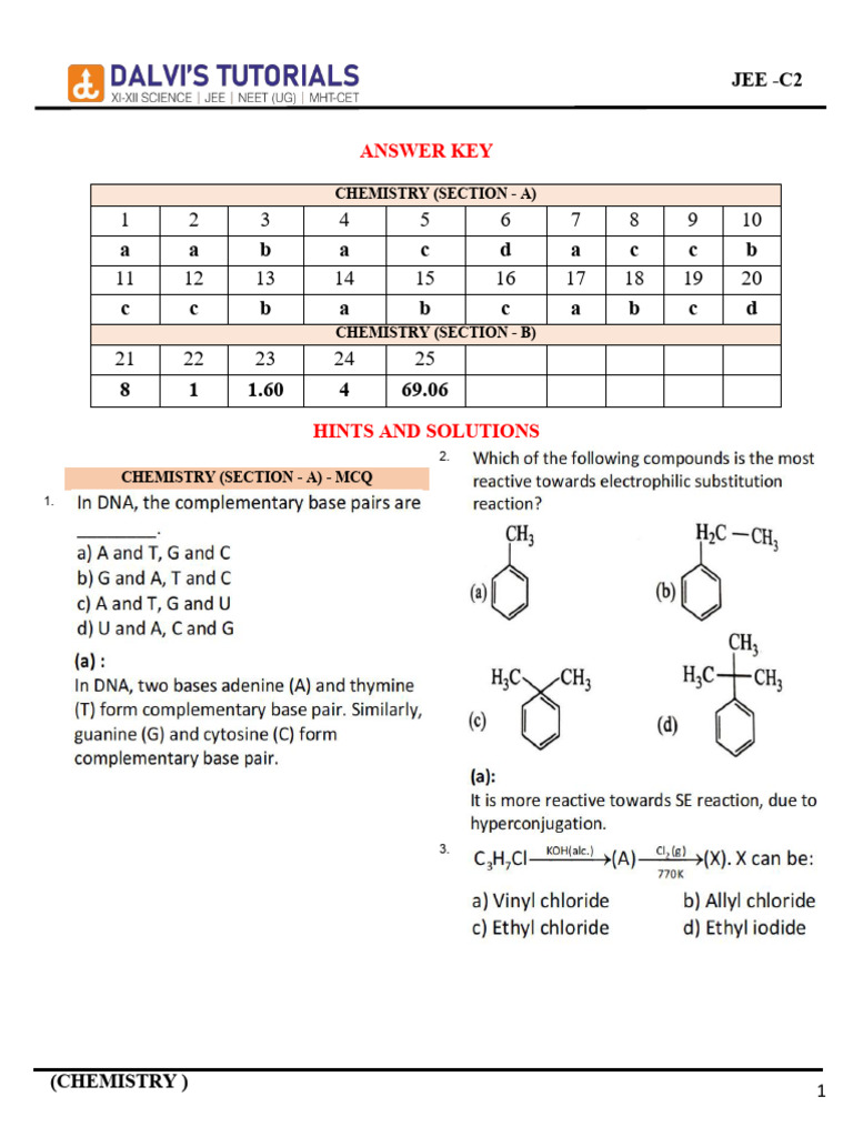 Xiith - Chem - Jee C2 - Hints & Solution | PDF