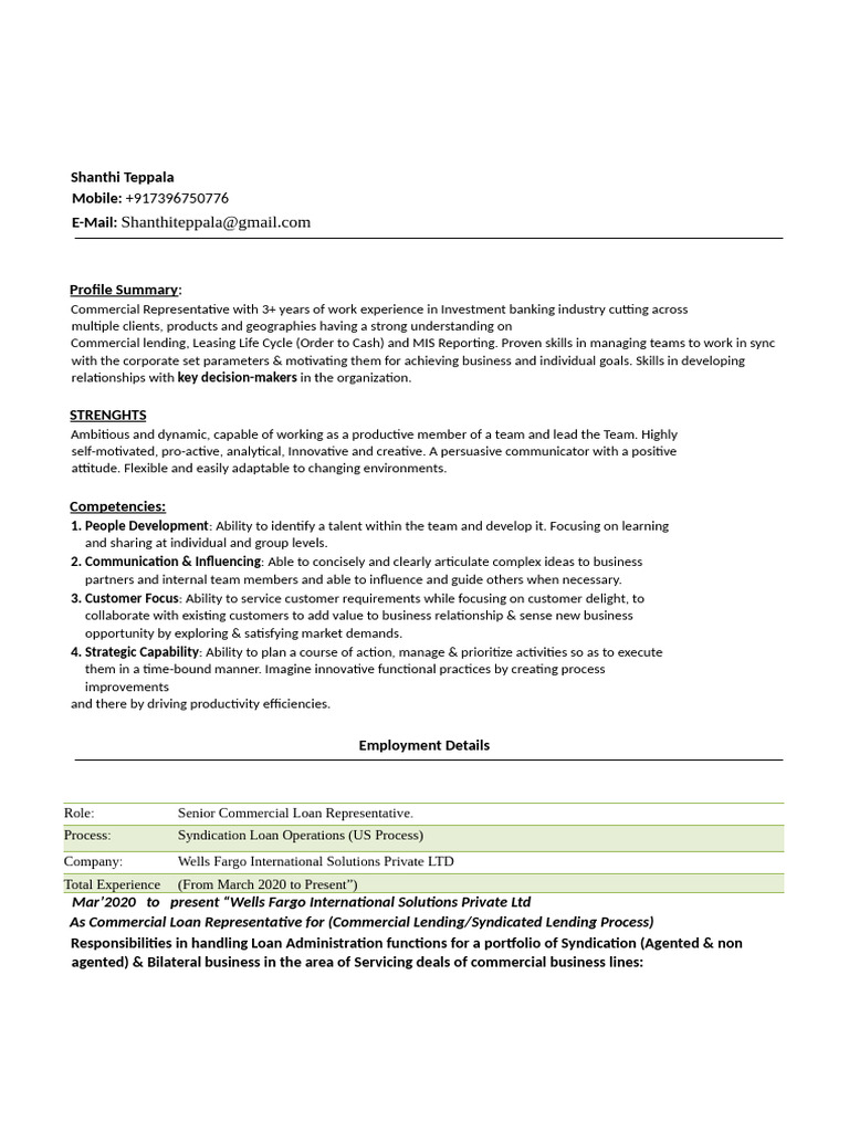 Shanthi Teppala Resume 1 | PDF | Syndicated Loan | Business