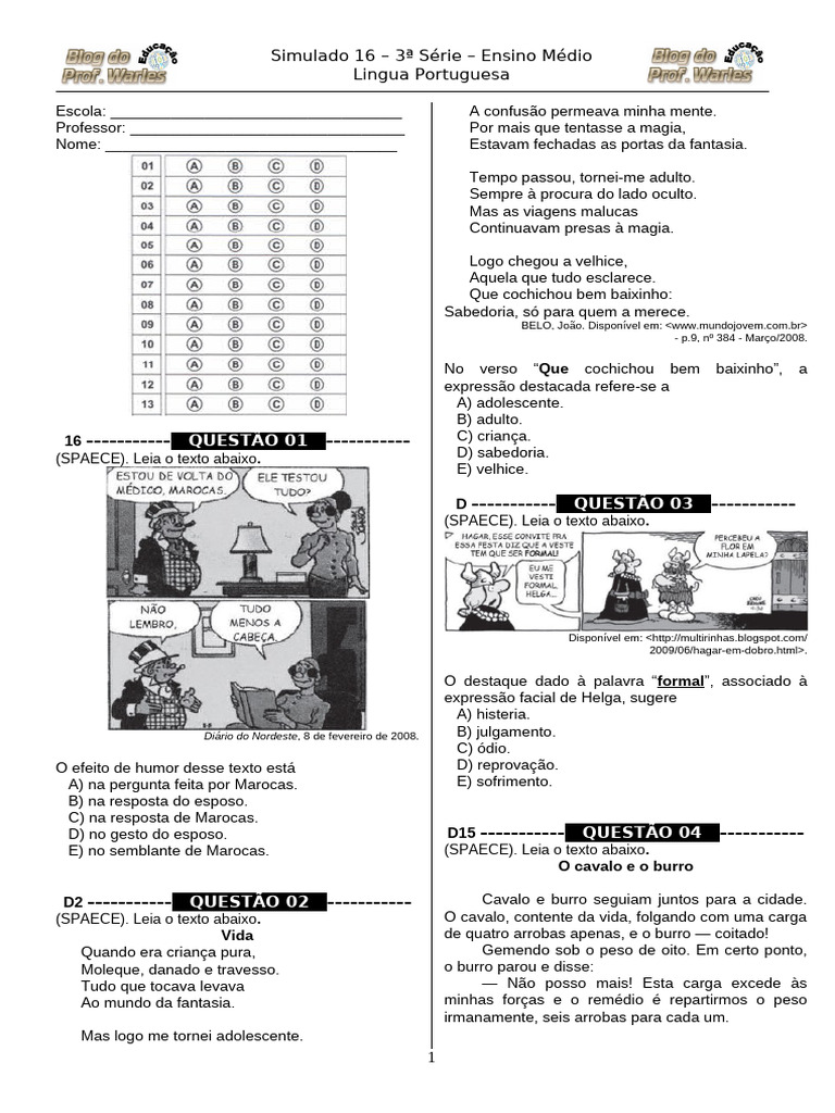 Simulado 16 - (Port. 3 Série E.M - Blog Do Prof. Warles) | PDF | Brasil