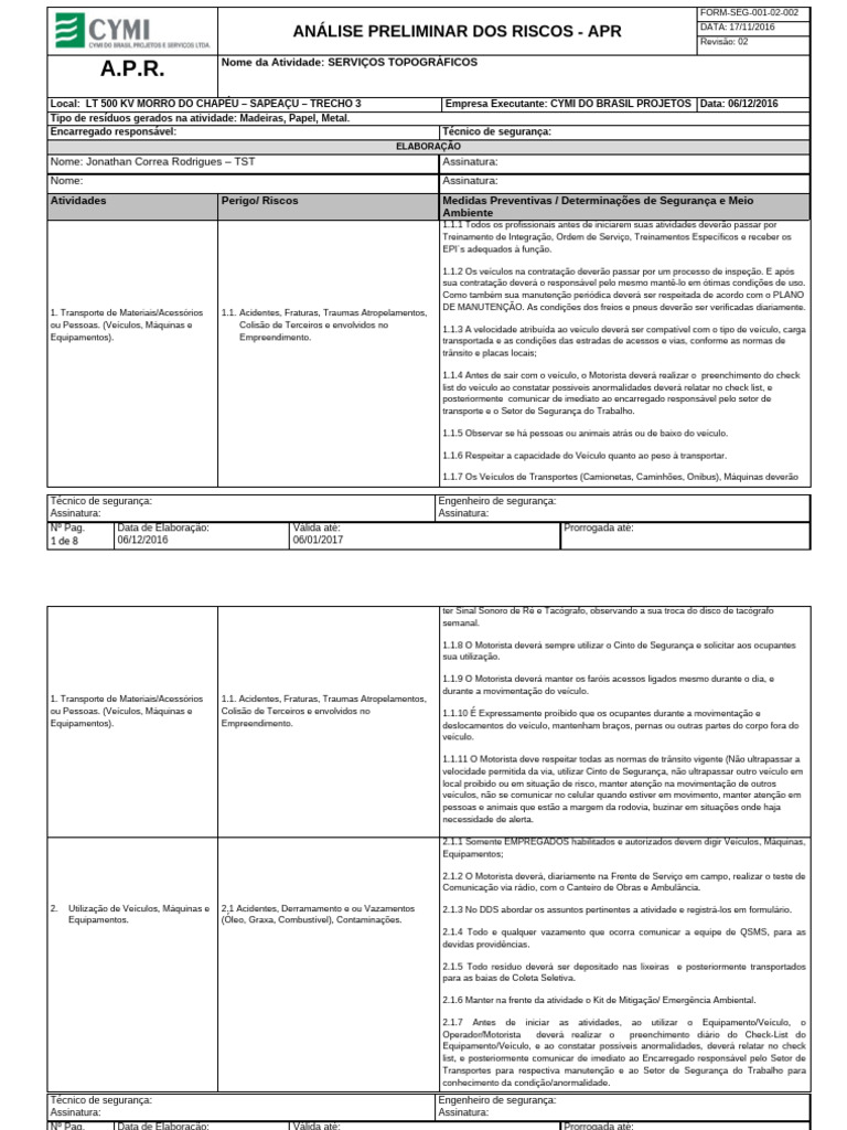 APR - FORM-SEG-001-02-002 - Serviços Topograficos | PDF | Acidentes de ...