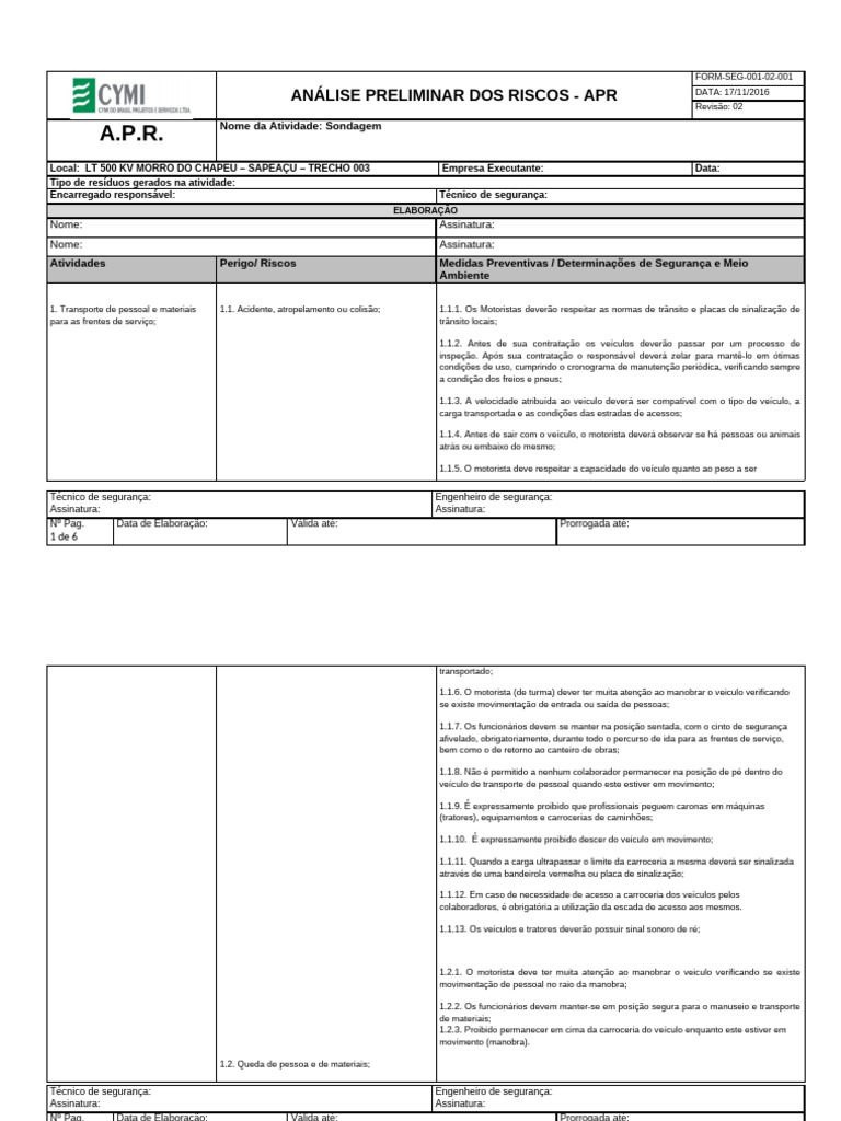 APR - FORM-SEG-001-02-001 - Sondagem | PDF | Relâmpago | Tráfego