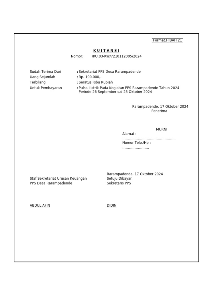 Kuitansi Hibah PPS Desa 2024 | PDF