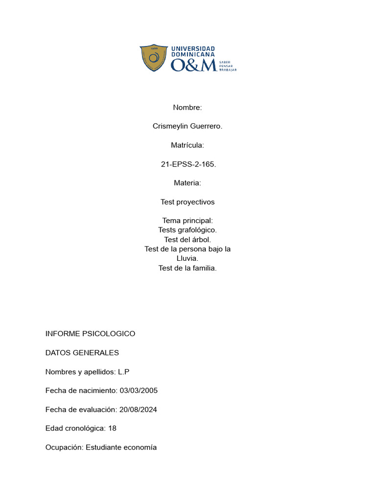 Informe Psicológico: Tests Proyectivos | PDF | Sicología | Depresión ...