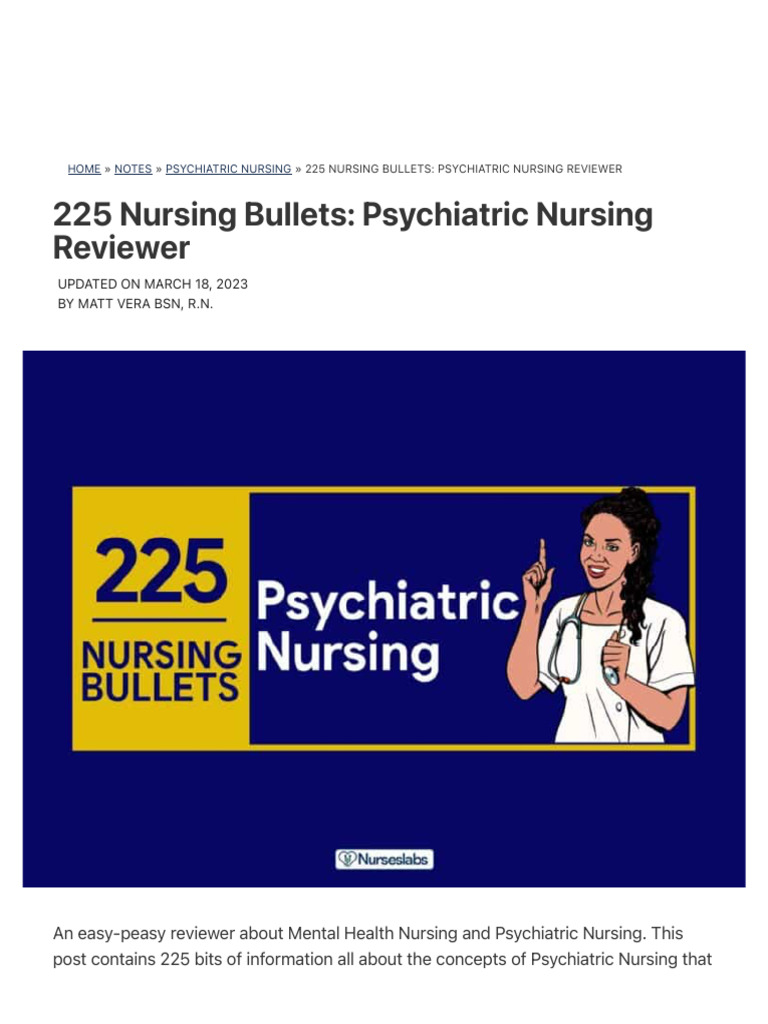 225 Nursing Bullets - Psychiatric Nursing Reviewer | PDF | Mental ...