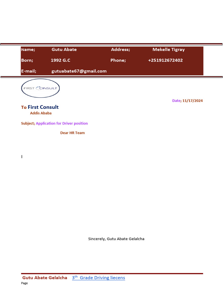 Application Letter Gutu Abate | PDF