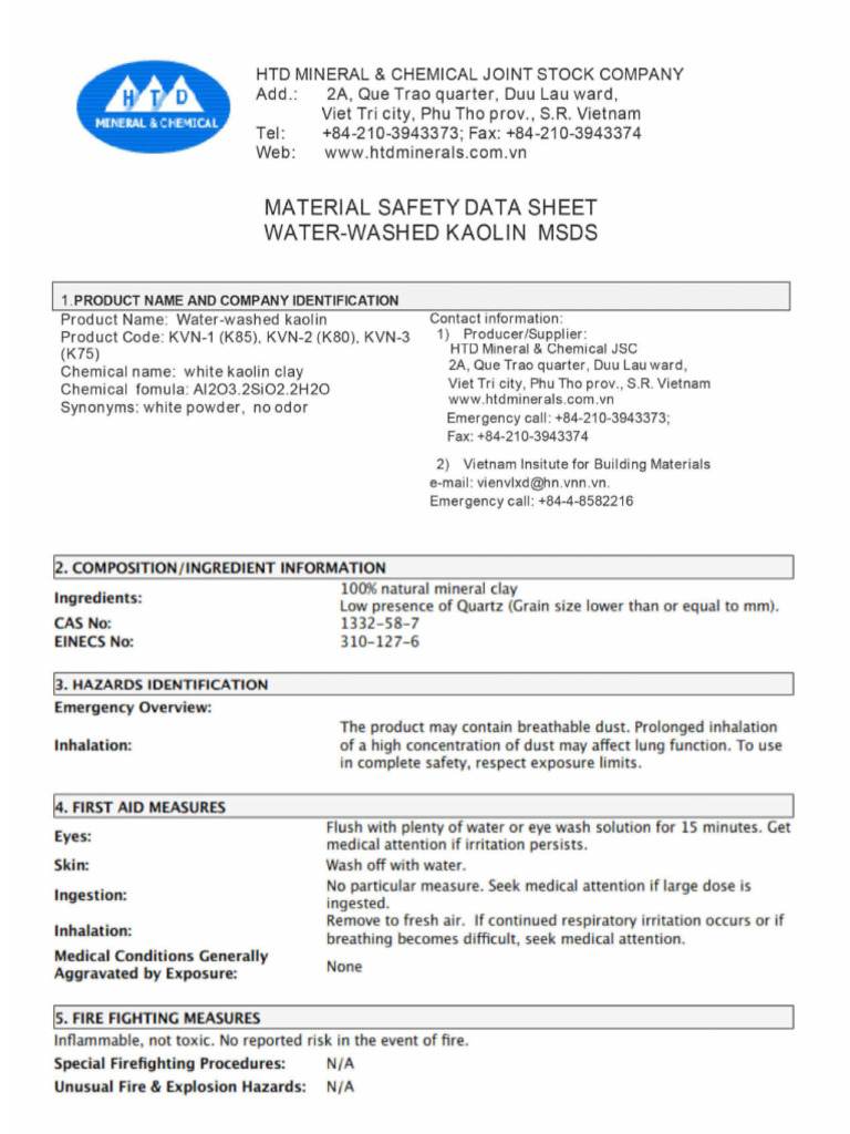 MSDS Kaolin 2022-2024 | PDF