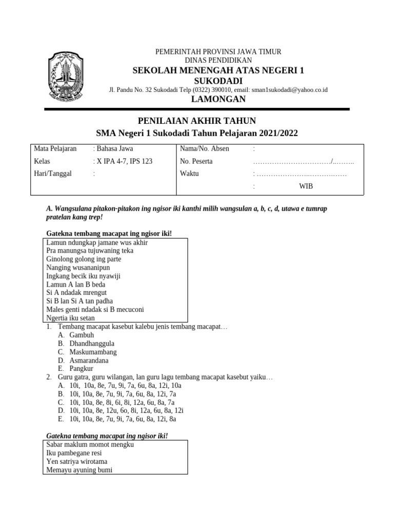 Soal Pat Genap BJW Kelas X | PDF