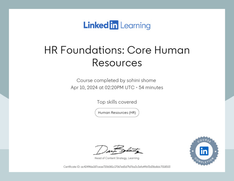 CertificateOfCompletion_HR Foundations Core Human Resources | PDF