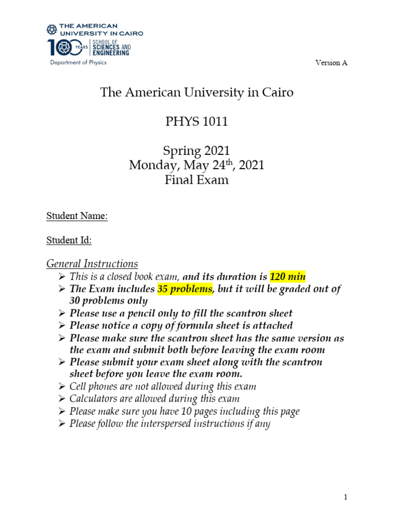 AUC PHYS 1011 Spring 2021 Final Exam | PDF | Temperature | Physics