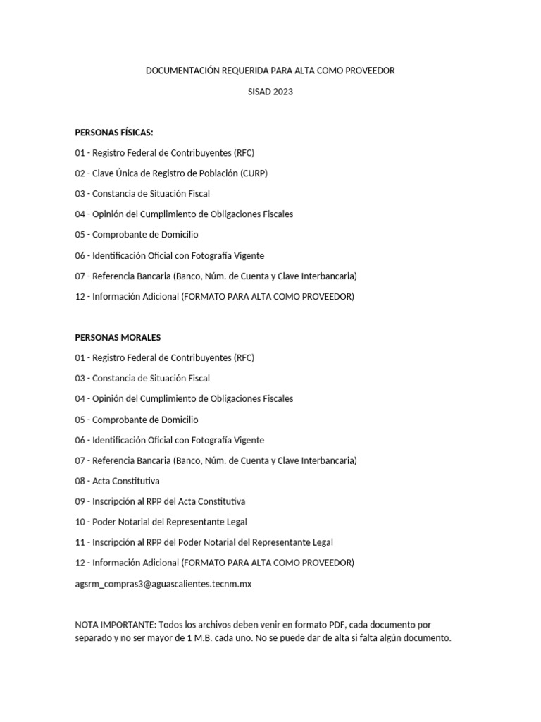 Documentación Requerida para Alta Como Proveedor | PDF