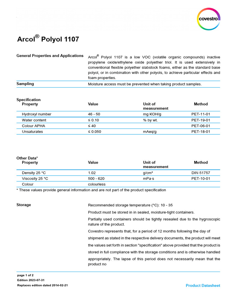 Arcol Polyol 1107 - en - 05484758 23980963 23981197 | PDF | Medical Device | Polyurethane
