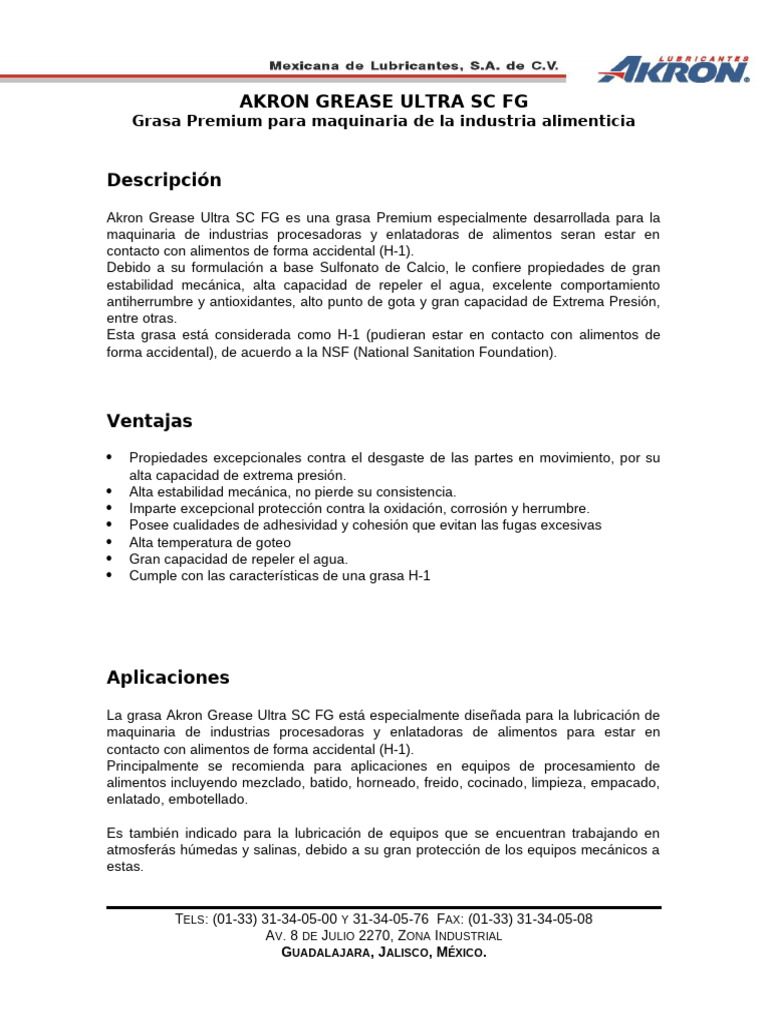 Akron Grease Ultra SC FG | PDF | Petróleo | Alimentos