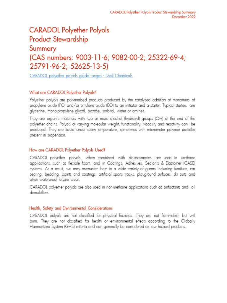Caradol Polyether Polyols Pss Dec 2022 | PDF | Materials