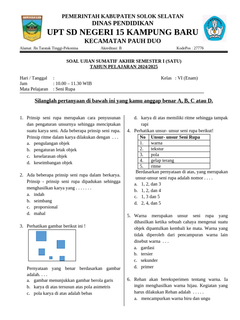 Soal Sas Seni Rupa 2024 Ok | PDF