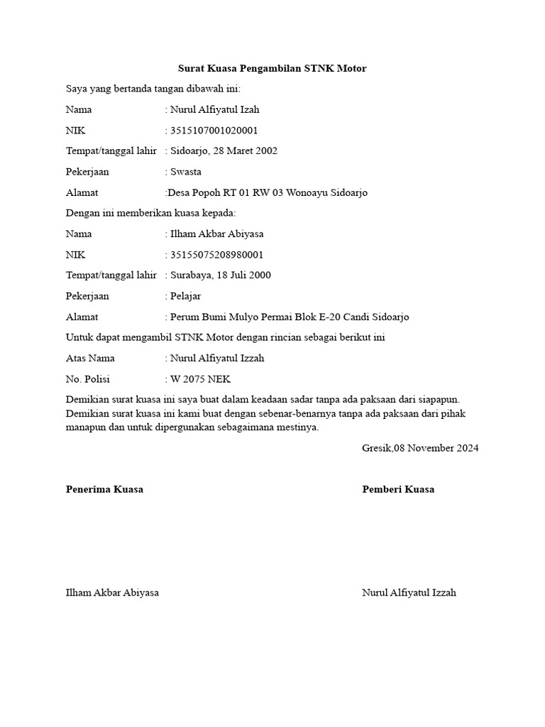 Surat Kuasa Pengambilan STNK Motor | PDF