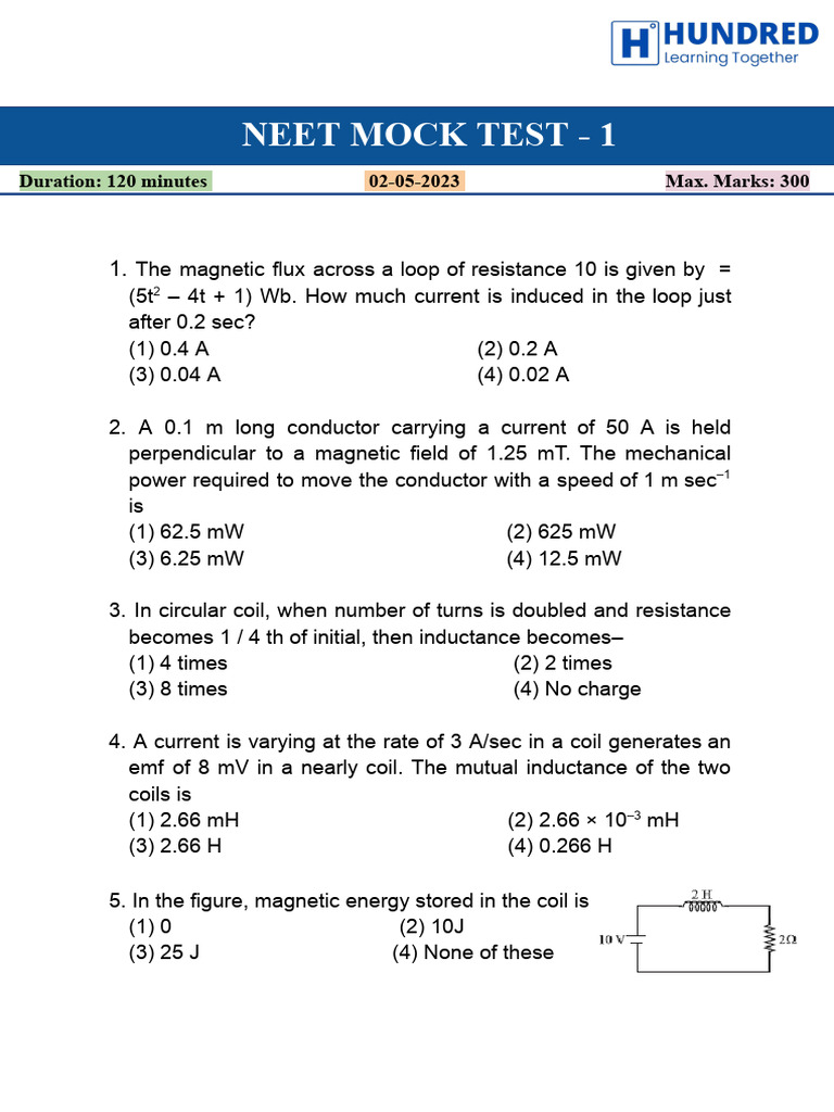 12th NEET PHYSICS MOCK TEST | PDF | Inductance | Inductor