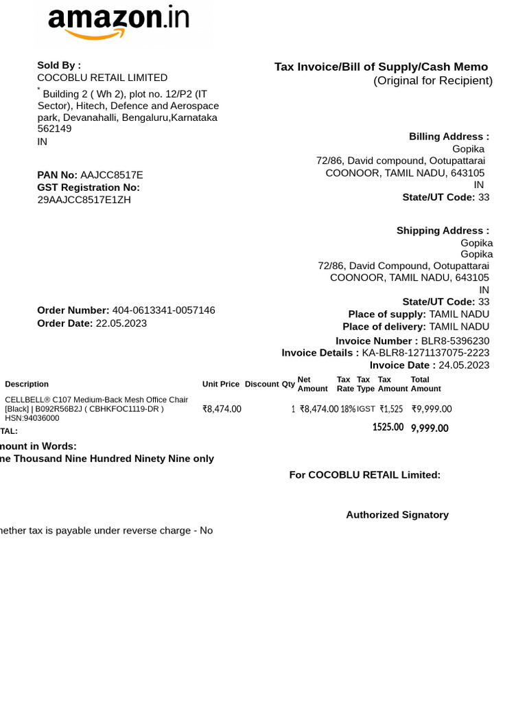 Chair_Invoice_Gopika[1] | PDF | Invoice | Taxation