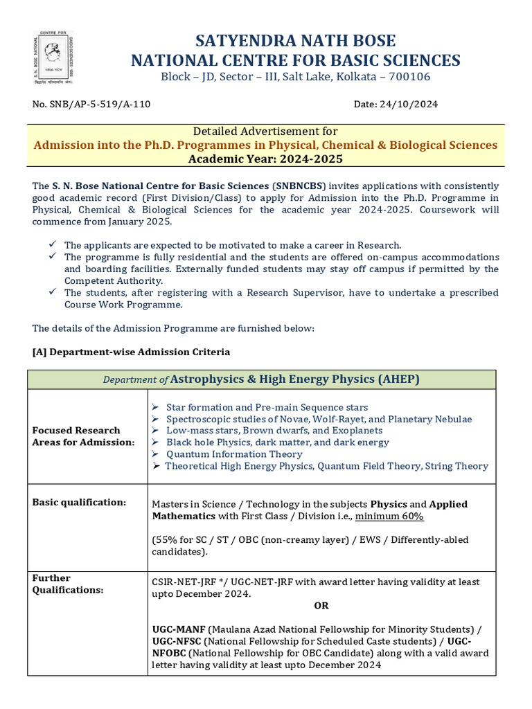 PhD Admission 2024-2025 at SN Bose | PDF | Physics | Condensed Matter ...