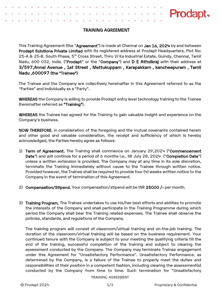 D E Athvikraj - Training Agreement | PDF | Confidentiality | Private Law