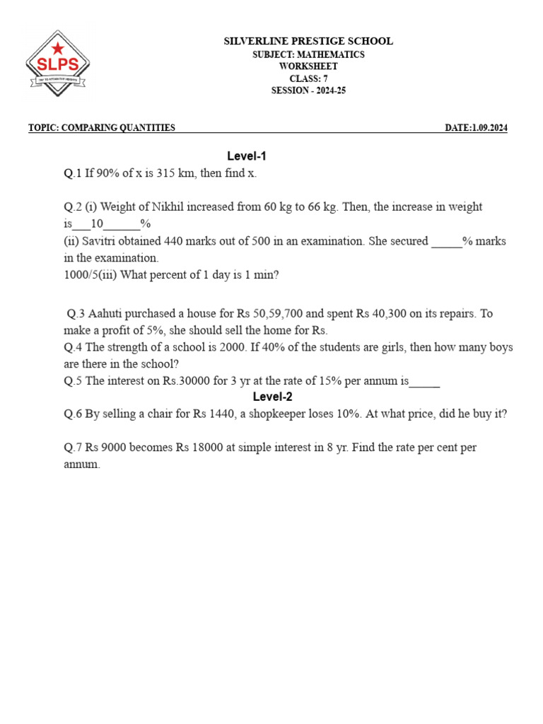 Cl-7 - Worksheet - Comparing Quantities | PDF