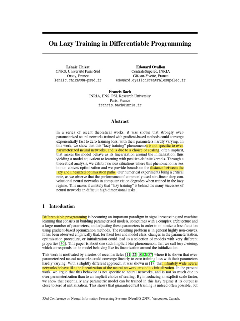 On Lazy Training in Differentiable Programming | PDF | Artificial Neural Network | Mathematical ...